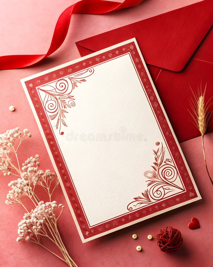 A Red Floral Invitation Card Mockup with Floral Corners Stock ...