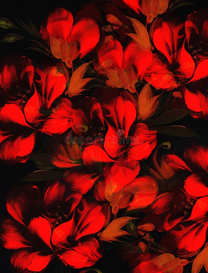Red Flower on Black Background. Painting and Computer Collage. Stock ...