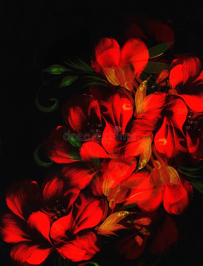 Red Flower on Black Background. Painting and Computer Collage. Stock ...
