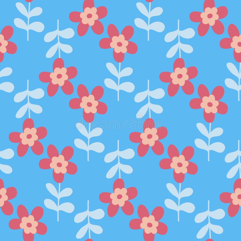 Red Flower on Blue Background Seamless Pattern, Daisy Chamomile Wild ...