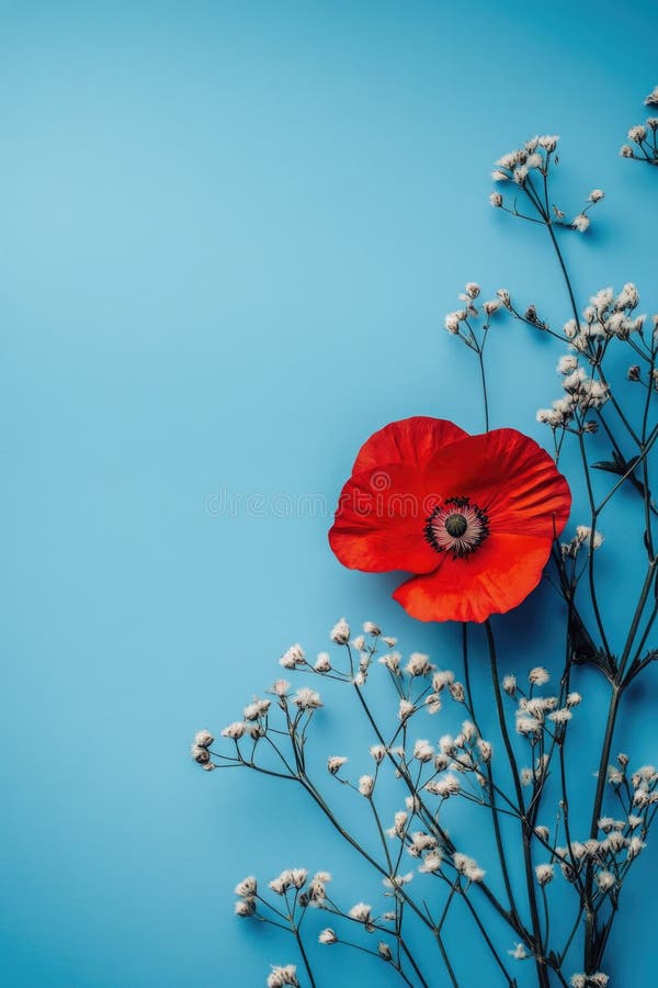 Red Flower on Blue Background Stock Photo - Image of single, bloom ...