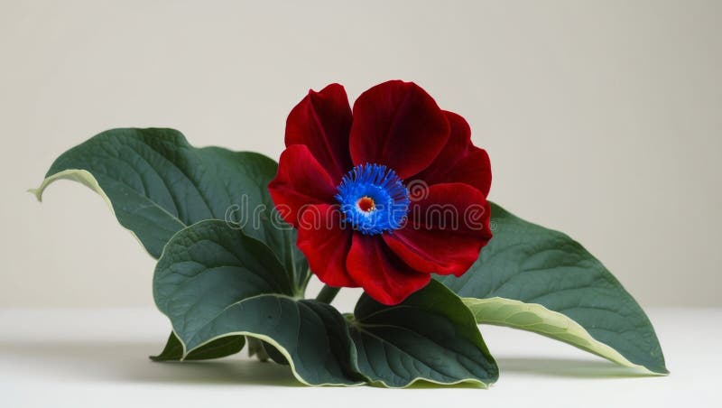 A Red Flower with a Blue Center Surrounded by Green Leaves and a Blue ...