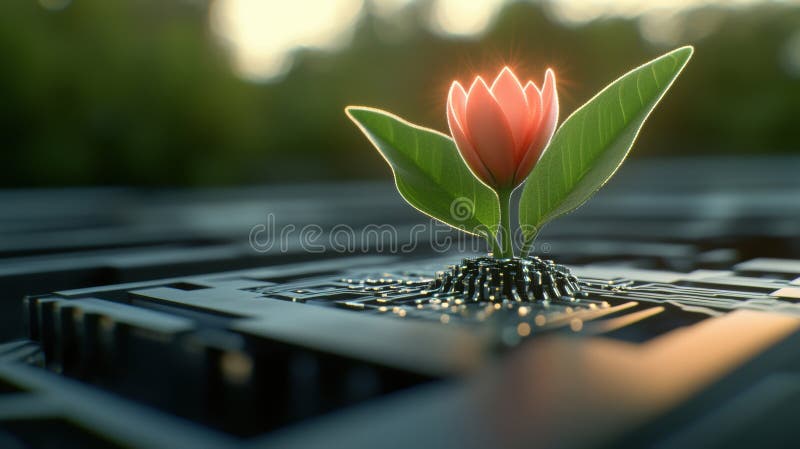 A Vibrant Flower Blooms Atop a Circuit Board, Symbolizing the Fusion of ...
