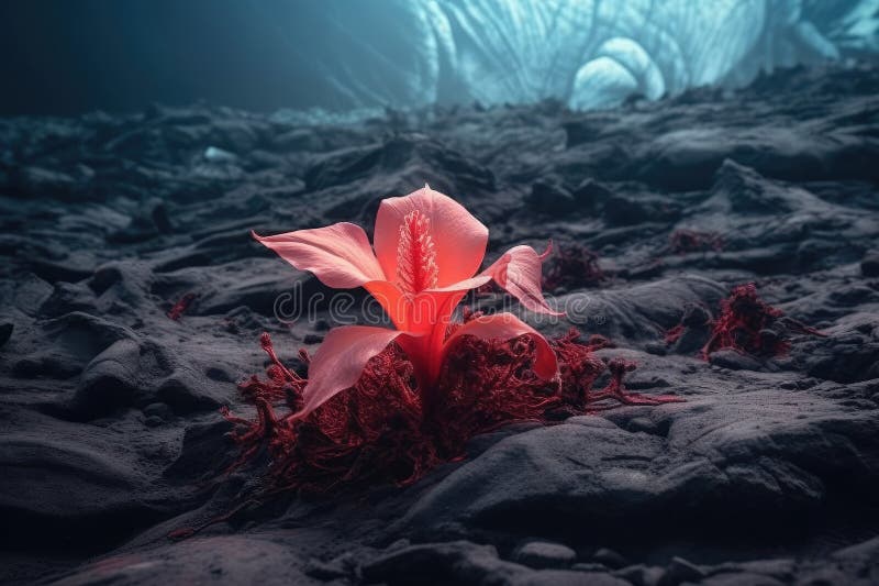 Red Flower Growing through Volcano Lava Extreme Closeup. Generative AI ...