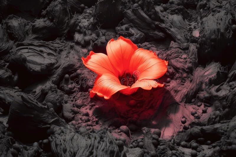 Red Flower Growing through Volcano Lava Extreme Closeup. Generative AI ...