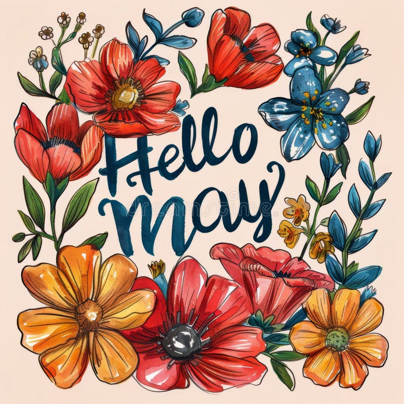 Red Flower with Hello May stock photo. Image of message - 310270356