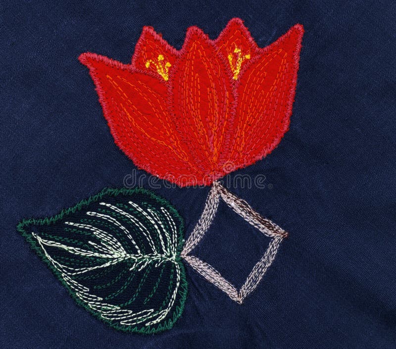 Red Flower with Leaf. Applique on Blue Fabric. Stock Image - Image of ...