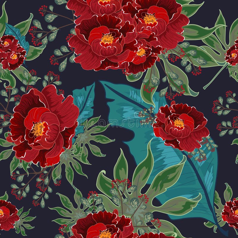 Red Flower and Leaves Seamless Pattern Stock Vector - Illustration of ...