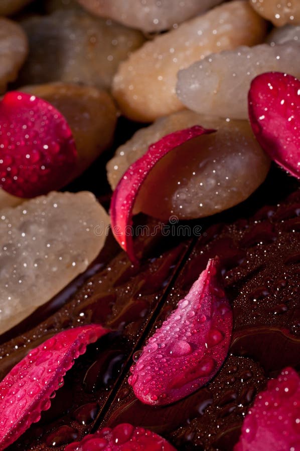 Red Flower Petals with Yellow River Stone on Wood Stock Image - Image ...