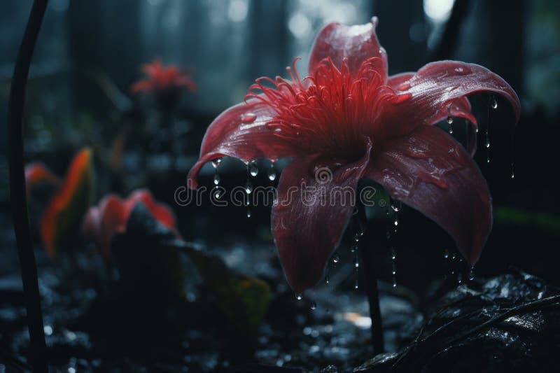 A Red Flower in the Rain with Water Droplets on it Stock Illustration ...