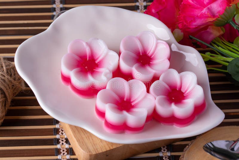 Red Flower-shaped Coconut Milk Jelly Stock Photo - Image of dessert ...