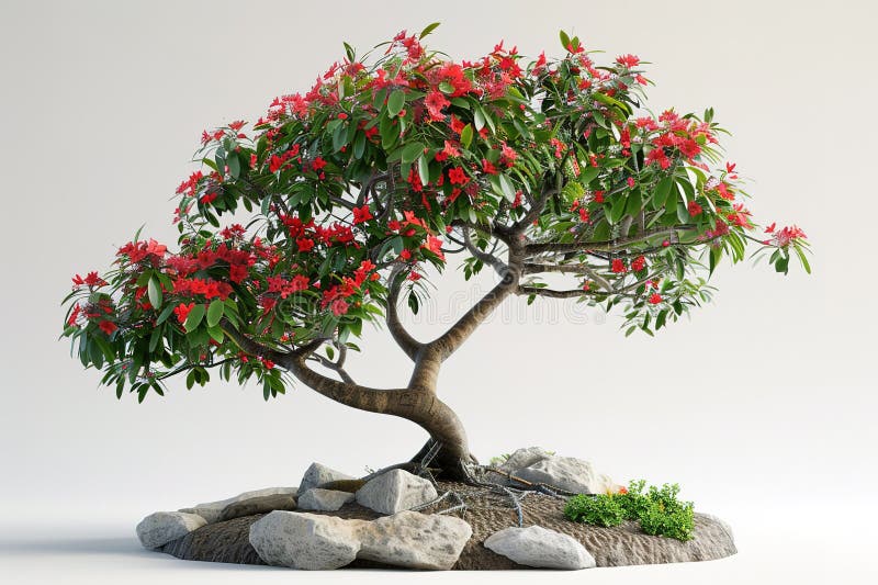 Red Flowering Tree on Stone Base Isolated Against White Background 3D ...