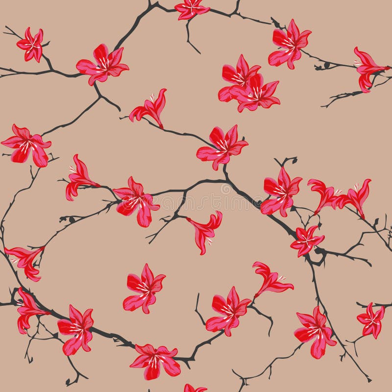 Red Flowers Almond Seamless Vector Pattern Stock Vector - Illustration ...