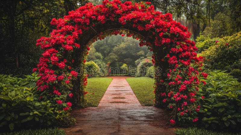 Red Flowers Archway Garden Pathway Scene Stock Illustration ...