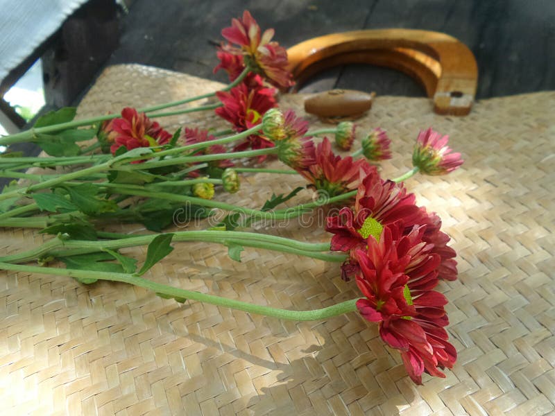 Red Flowers Bouquet on Bamboo Basket Stock Image - Image of basket ...