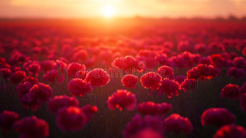 Red Flowers in a Field at Sunset Stock Illustration - Illustration of ...