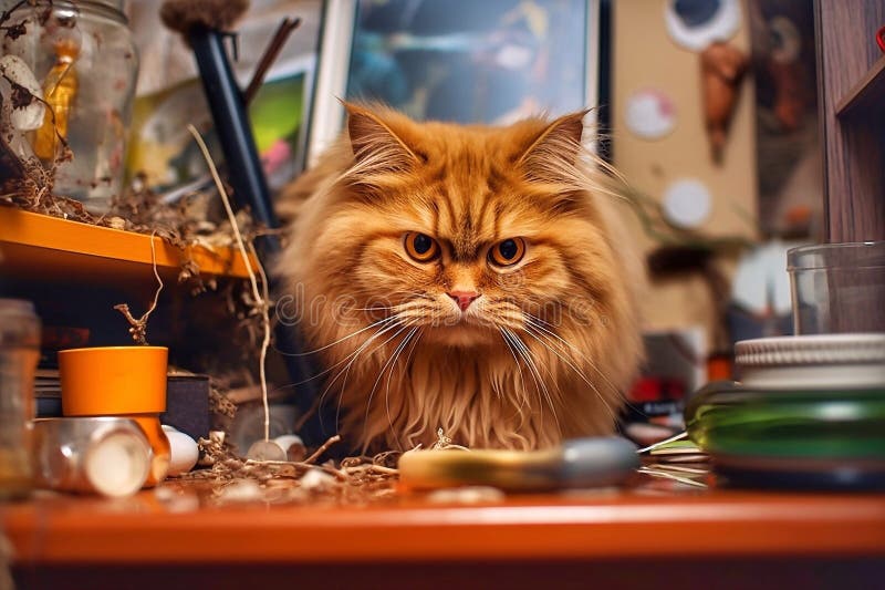 A Persian Cat on the Table in the Middle of Scattered Things Stock ...