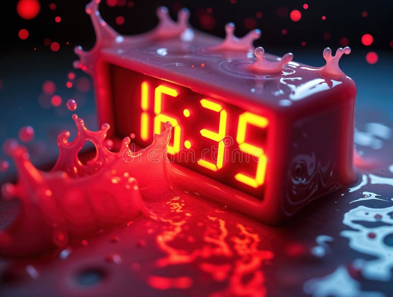 Red Fluid Explosion Around Bright Digital Clock Display Stock ...