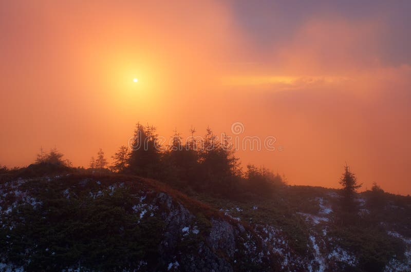 Red Fog in the Light of the Sun Stock Photo - Image of landscape, snow ...