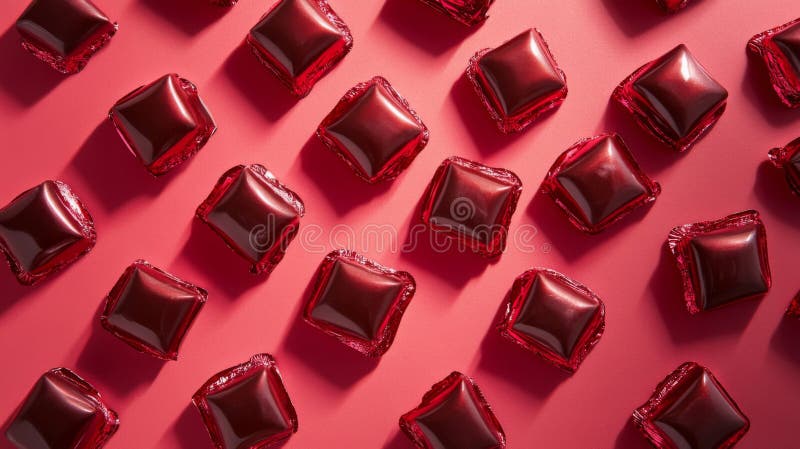 Red Foil Wrapped Chocolate Squares Arranged on Red Background Stock ...