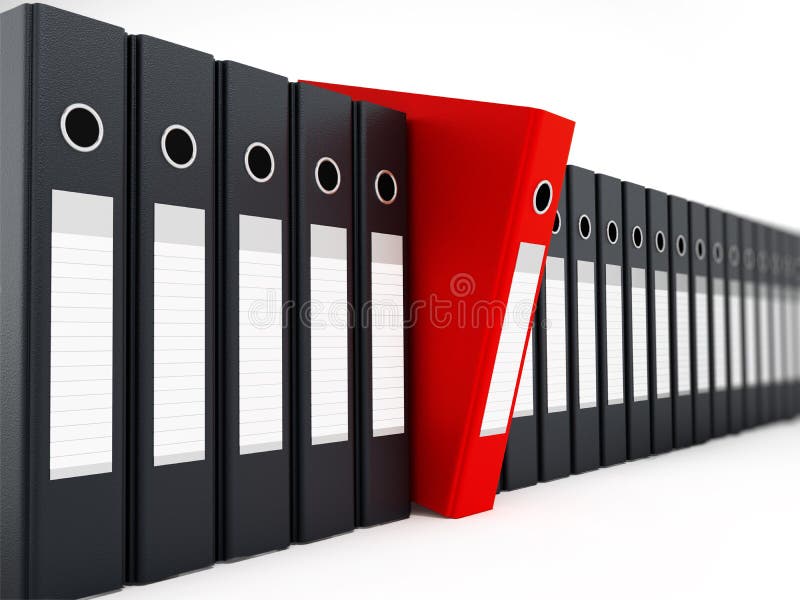 Red Folder Standing Out from Black Folders. 3D Illustration Stock ...