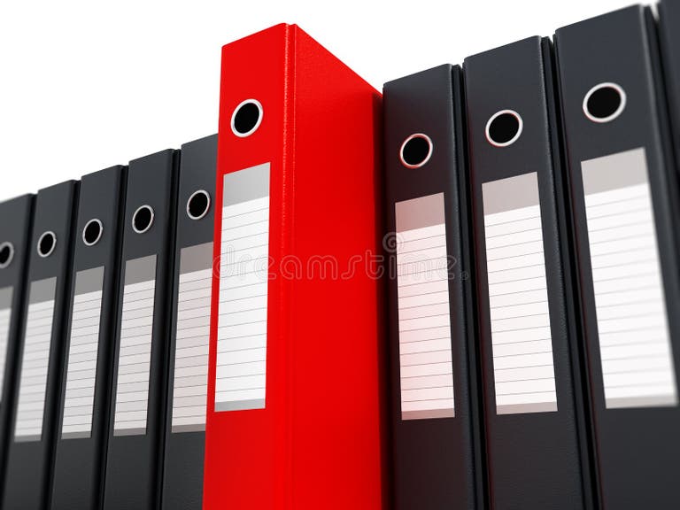Red Folder Standing Out from Black Folders. 3D Illustration Stock ...