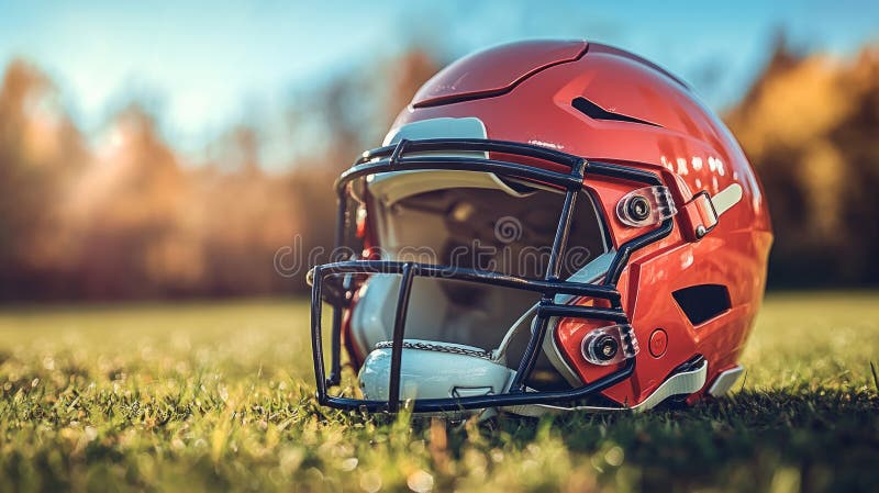 Red Football Helmet on Grass Field with Sunlit Background Stock Photo ...