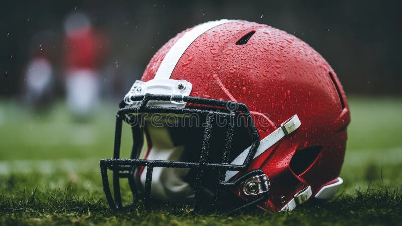 Red Football Helmet with Rain Drops on Grass during Game Stock Photo ...