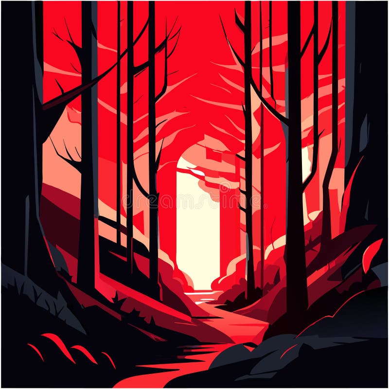 Red Forest Landscape with Sunrays and Dark Trees, Vector Illustration ...