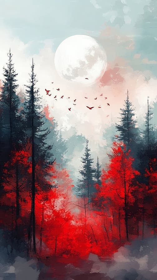 Red Forest with a Large Moon in the Sky Stock Illustration ...