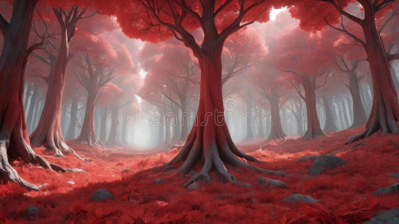 Red Forest Path in Misty Morning Light Stock Illustration ...