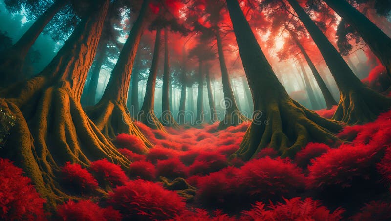 Enchanted Red Forest: Mystical Trees and Crimson Ferns Stock ...