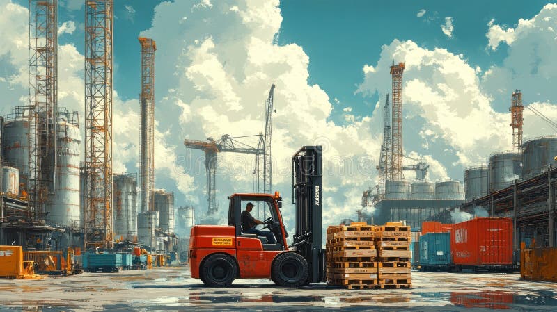 A Red Forklift Driving through a Large Industrial Yard with a Worker at ...
