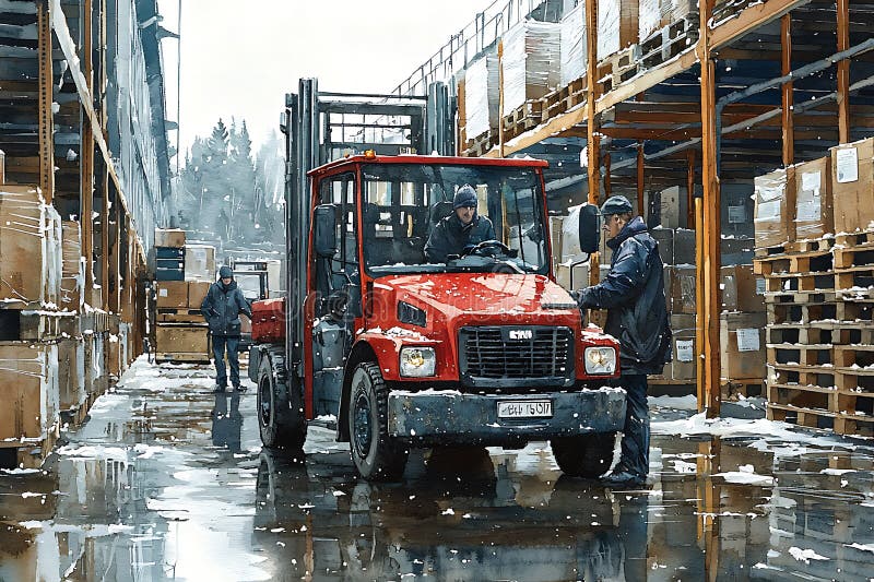 Red Forklift in Snowy Warehouse Workers Unloading Goods Stock ...