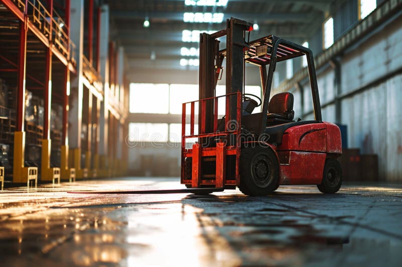 Red Forklift in Motion in Warehouse. Forklift between Storage Shelves ...