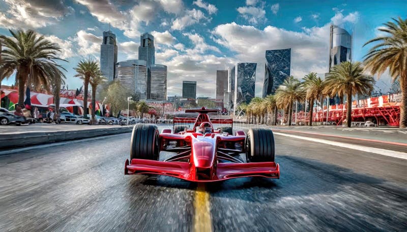 A Red Formula 1 Car Driving through a City with Modern Skyscrapers ...