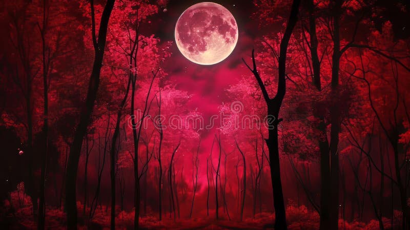 Red Forrest, Tree S and Full Moon Stock Illustration - Illustration of ...