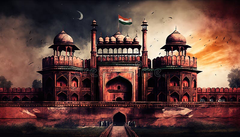 Red Fort Pride of Mughal Dynasty Illustration with Mon in Night Indian ...