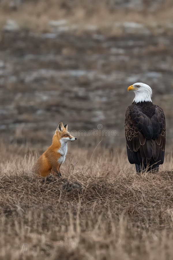 Red Fox and Bald Eagle Standing on Grassland Stock Photo - Image of ...