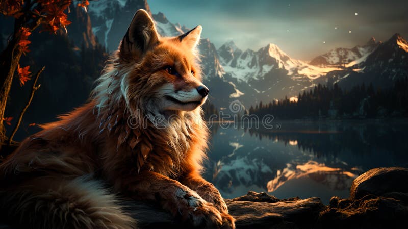 A Red Fox and a Beautiful Landscape in Moonlit Night Stock Illustration ...
