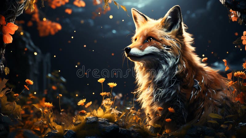 A Red Fox and a Beautiful Landscape in Moonlit Night Stock Illustration ...