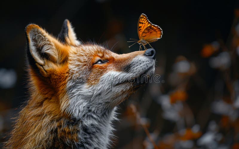 Red Fox and Butterfly. an Animal in Nature Playing with a Butterfly on ...