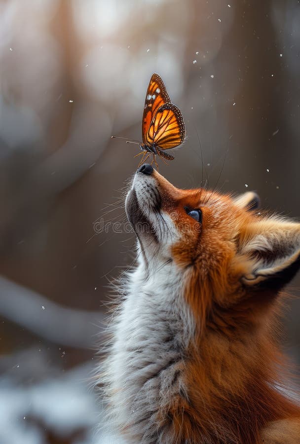 Red Fox and Butterfly in the Forest. a Animal in Nature Playing with a ...