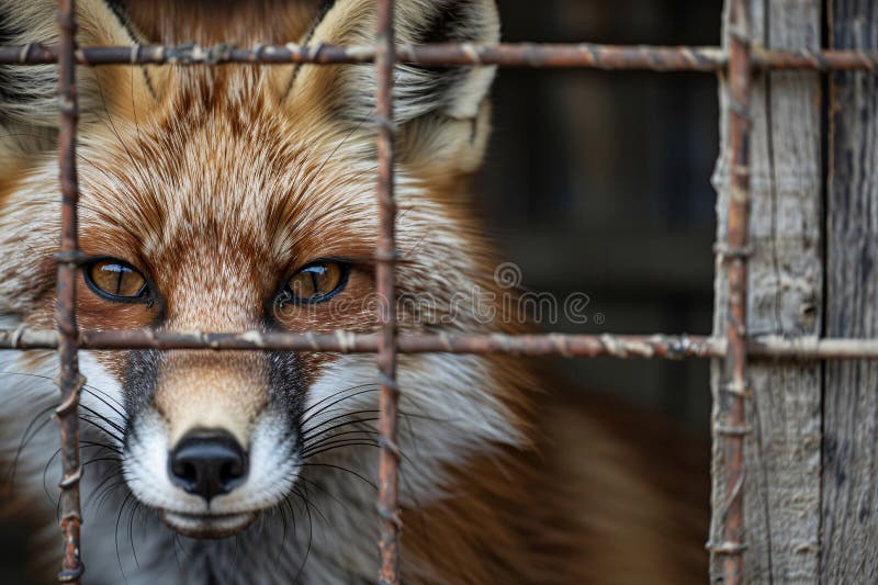 Red Fox in the Cage on the Fur Farm with Copy Space Stock Illustration ...