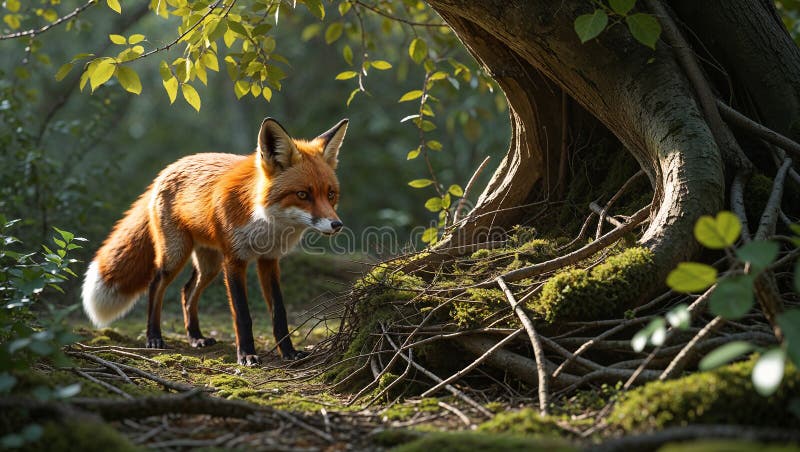 Red Fox Exploring Forest Floor Under Tree Roots Stock Illustration ...