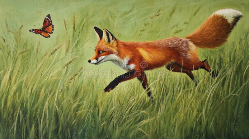 Red Fox Chasing Butterfly in Green Grass Field Stock Illustration ...