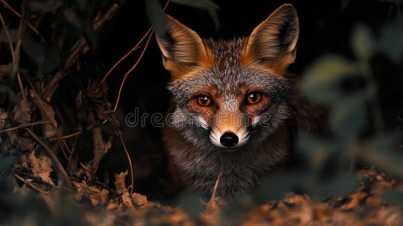 Red Fox Closeup in Dark Forest at Night Stock Illustration ...
