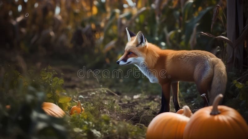 Red Fox in a Corn Field with Pumpkins and Autumn Leaves. Stock ...