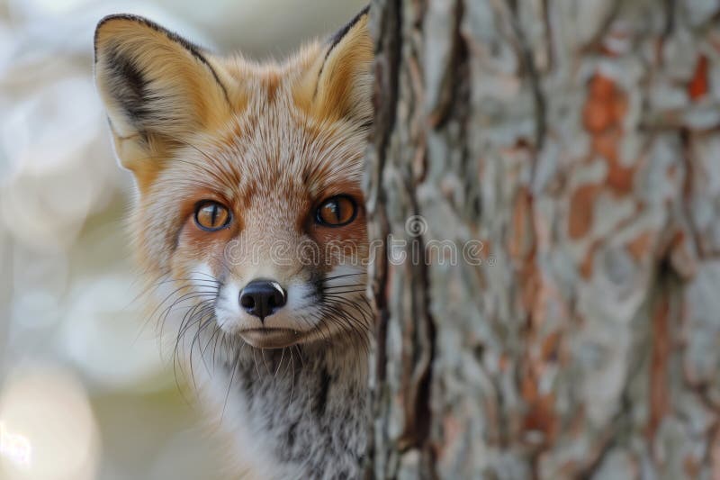 Close Up Portrait of a Red Fox Peeking from Behind a Tree Trunk Stock ...