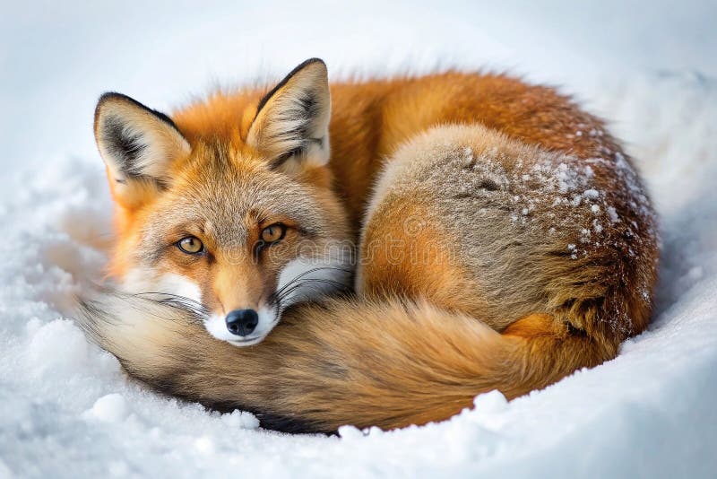 Red Fox Curled in Snow, Winter Scene Stock Illustration - Illustration ...